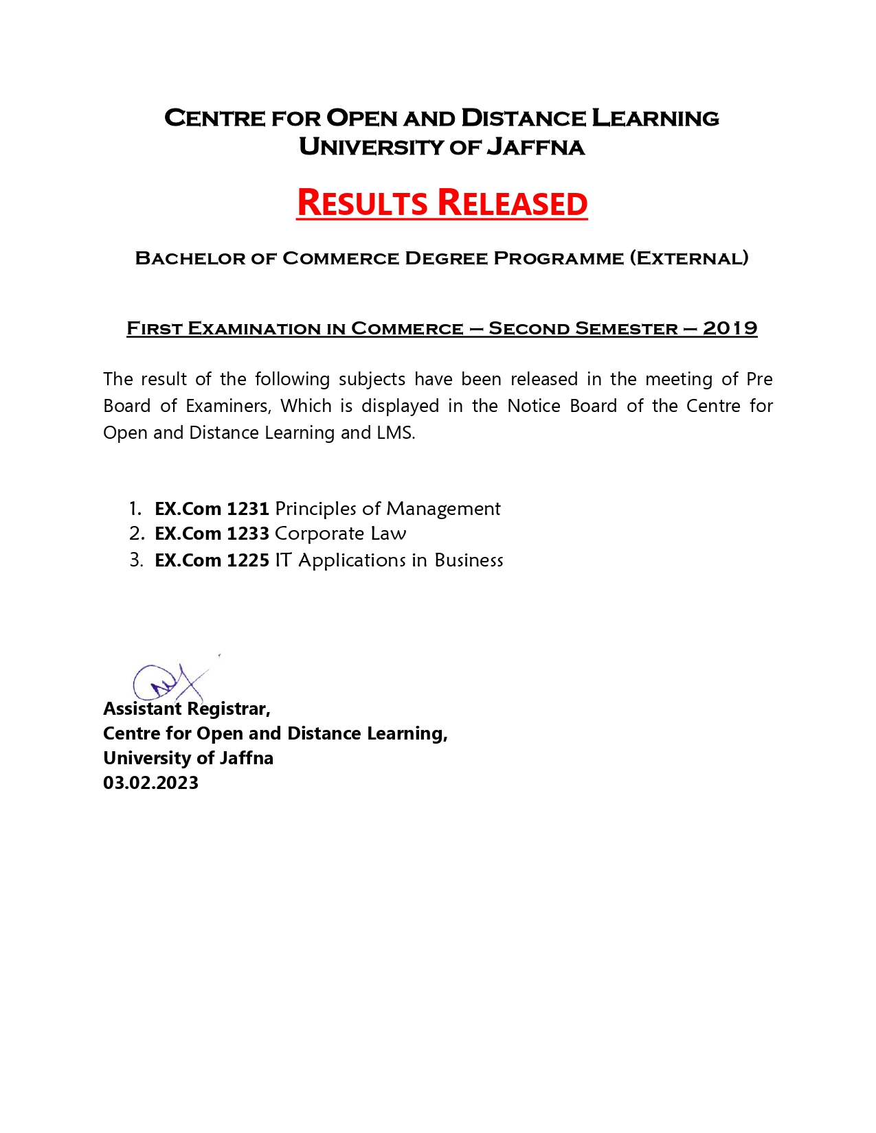 CODL-LMS: BCom Result Release